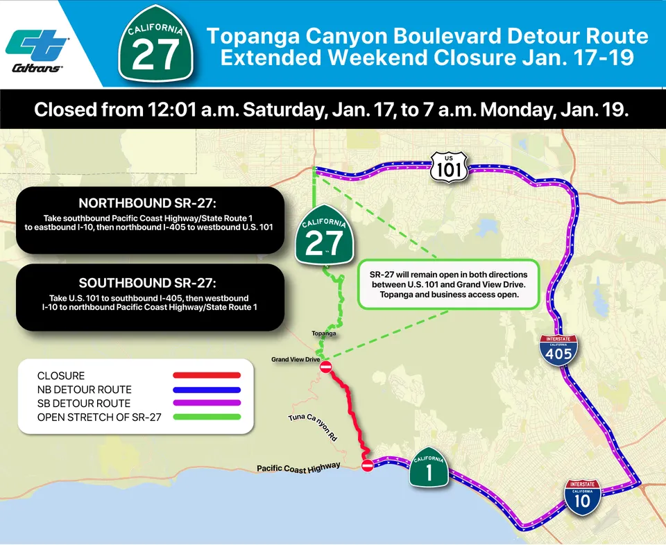 Topanga Canyon Blvd 55-Hour Closure Jan 17-19 in Malibu